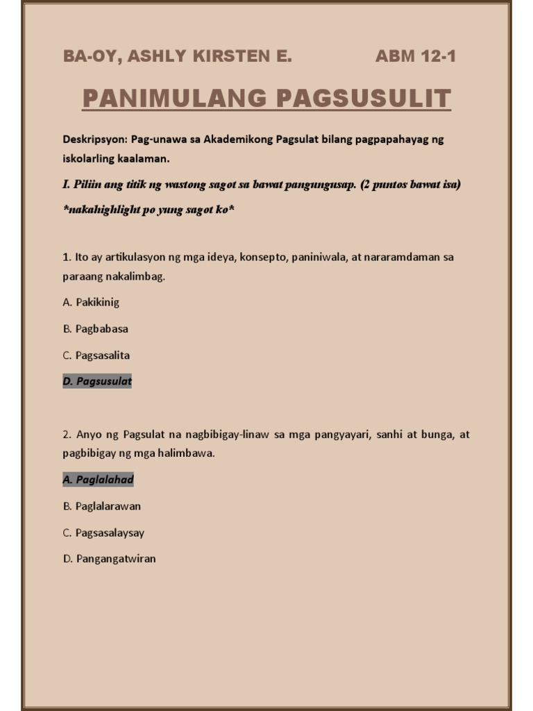 Panimulang Pagsusulit | PDF