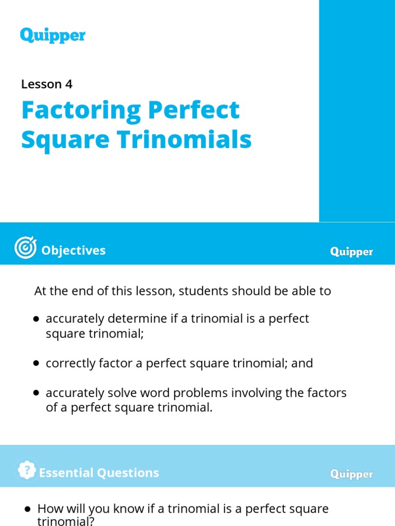 Factoring Perfect Square Trinomials: Lesson 4 | PDF | Factorization ...