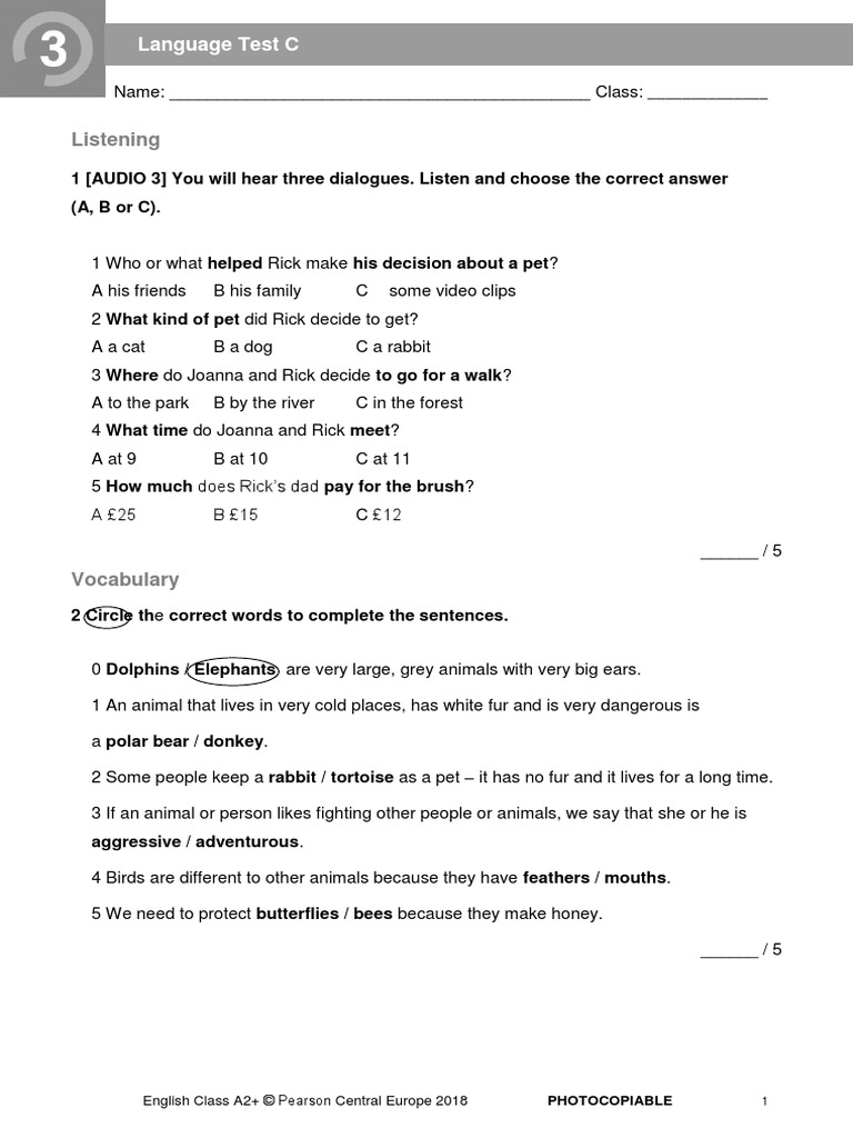 ECA2+ - Tests - Language Test 3C - 2018 | PDF | Cats