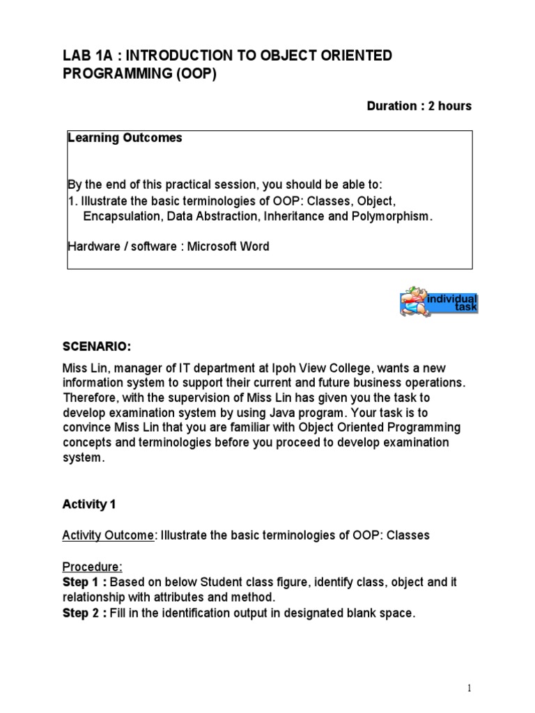 Lab 1a Introduction To Object Oriented Programming Oop Duration 2