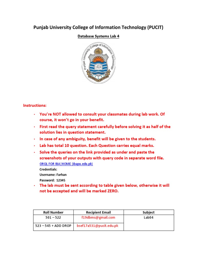 Punjab University College of Information Technology (PUCIT) : Database Systems Lab 4 | PDF ...