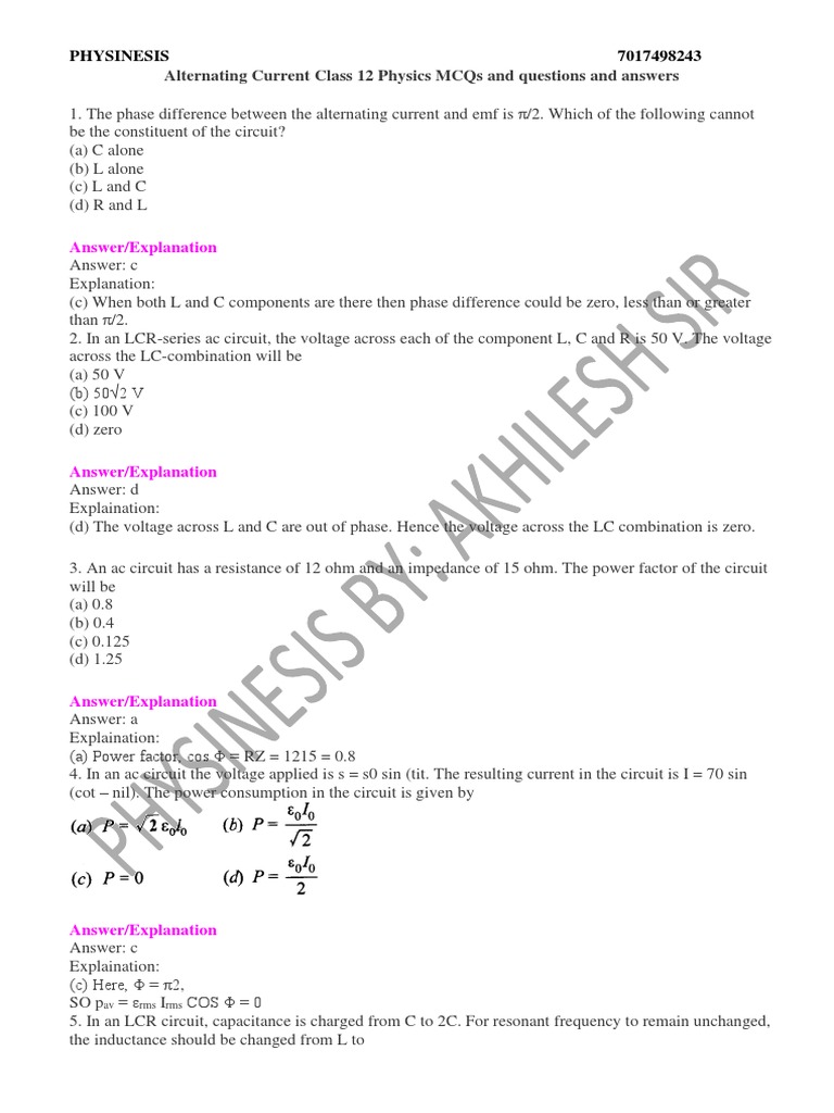 Alternating Current Class 12 Physics MCQs N QN | PDF | Inductor | Transformer