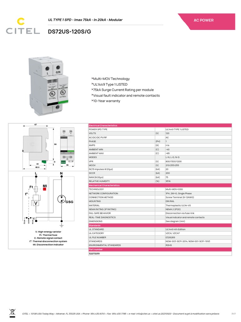 DS72US-120S/G: UL TYPE 1 SPD - Imax 75ka - in 20ka - Modular | PDF ...