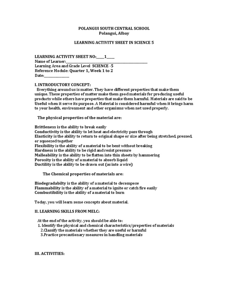 LAS in SCience 5 Q1W1 2 MELLA Edited | Download Free PDF | Ductility ...