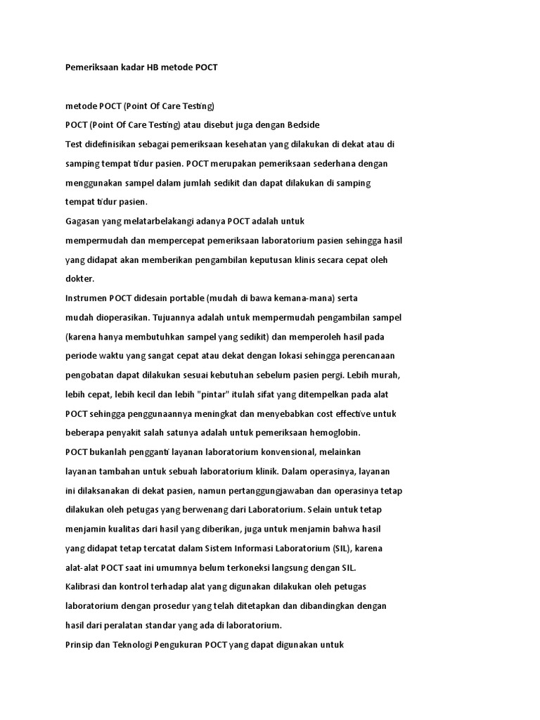 Pemeriksaan Kadar HB Metode Poct | PDF