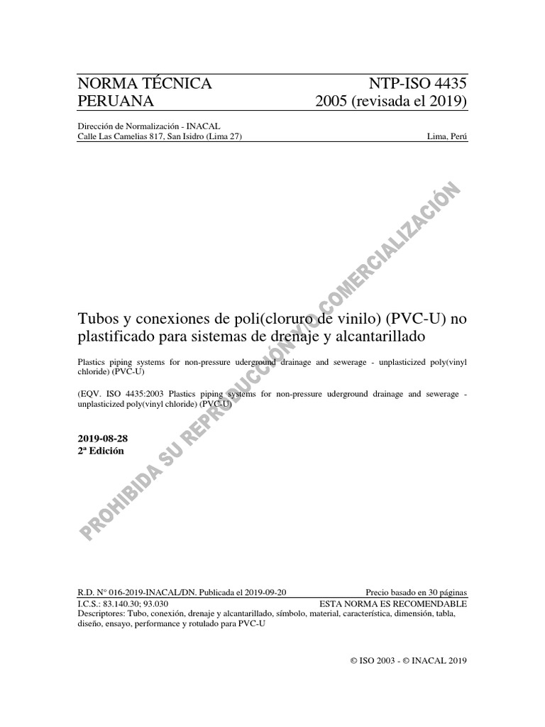NTP ISO 4435 2005 (Revisada El 2019) | PDF | Tubería (transporte de ...