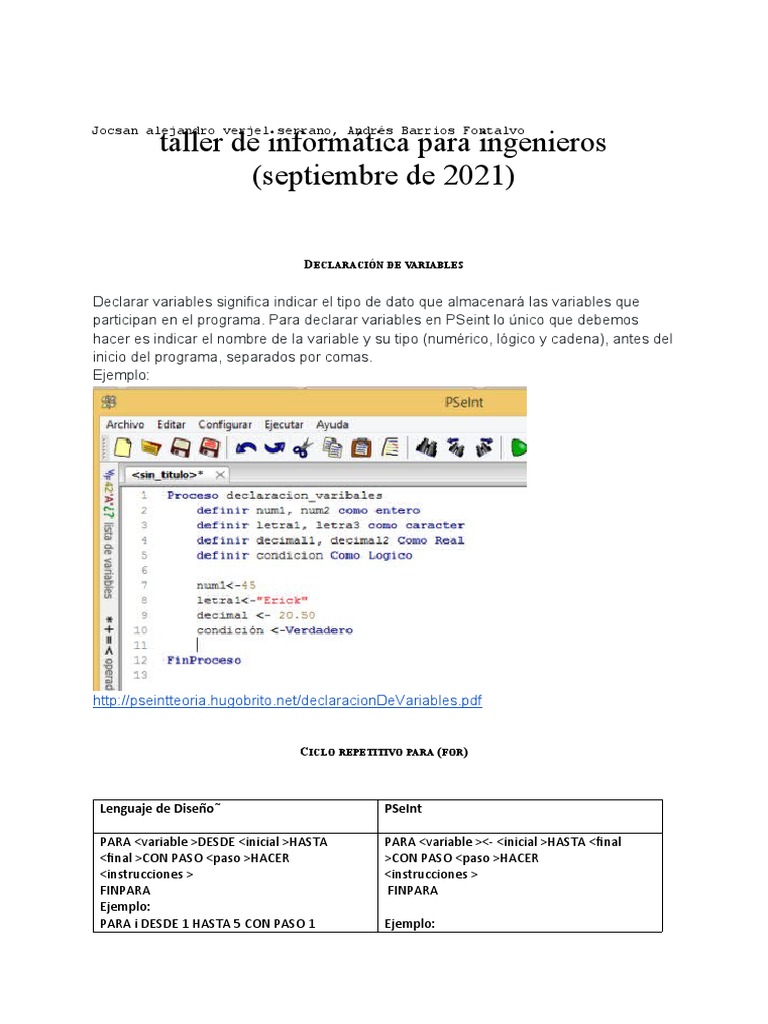 Declaración de Variables y Estructuras en PSeint | PDF | Lenguaje de ...