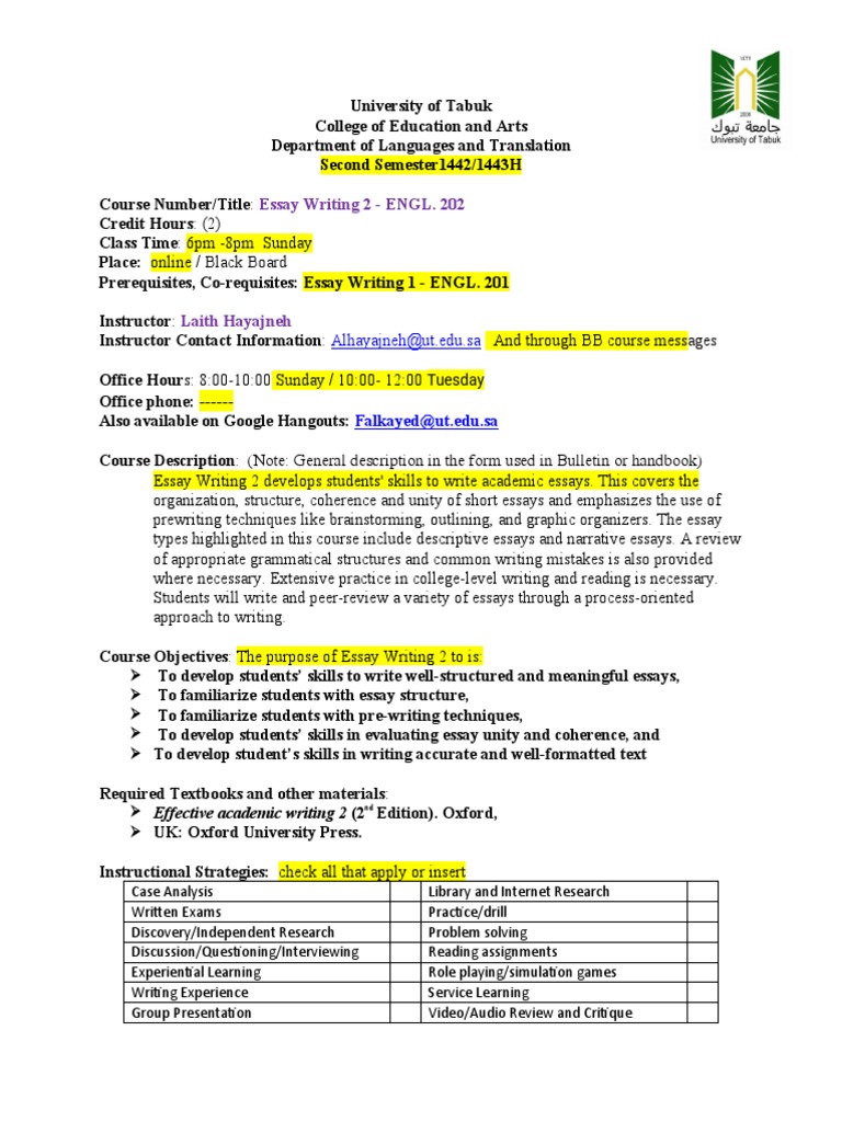 Essay Writing 2 - ENGL. 202: Laith Hayajneh | PDF | Test (Assessment ...