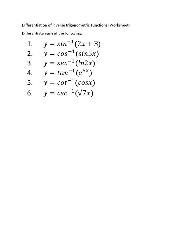Differentiation of Inverse Trigonometric Functions Practice Problems | PDF
