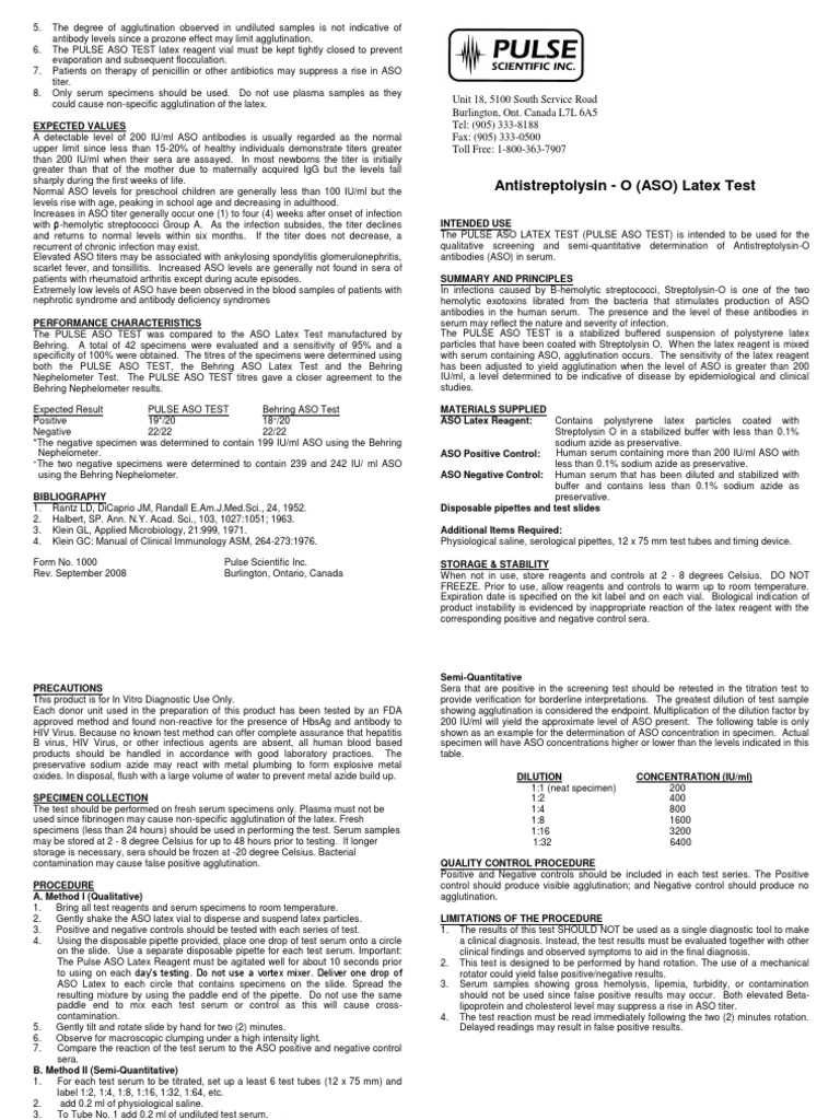 Antistreptolysin - O (ASO) Latex Test | PDF | Blood Plasma | Medical ...