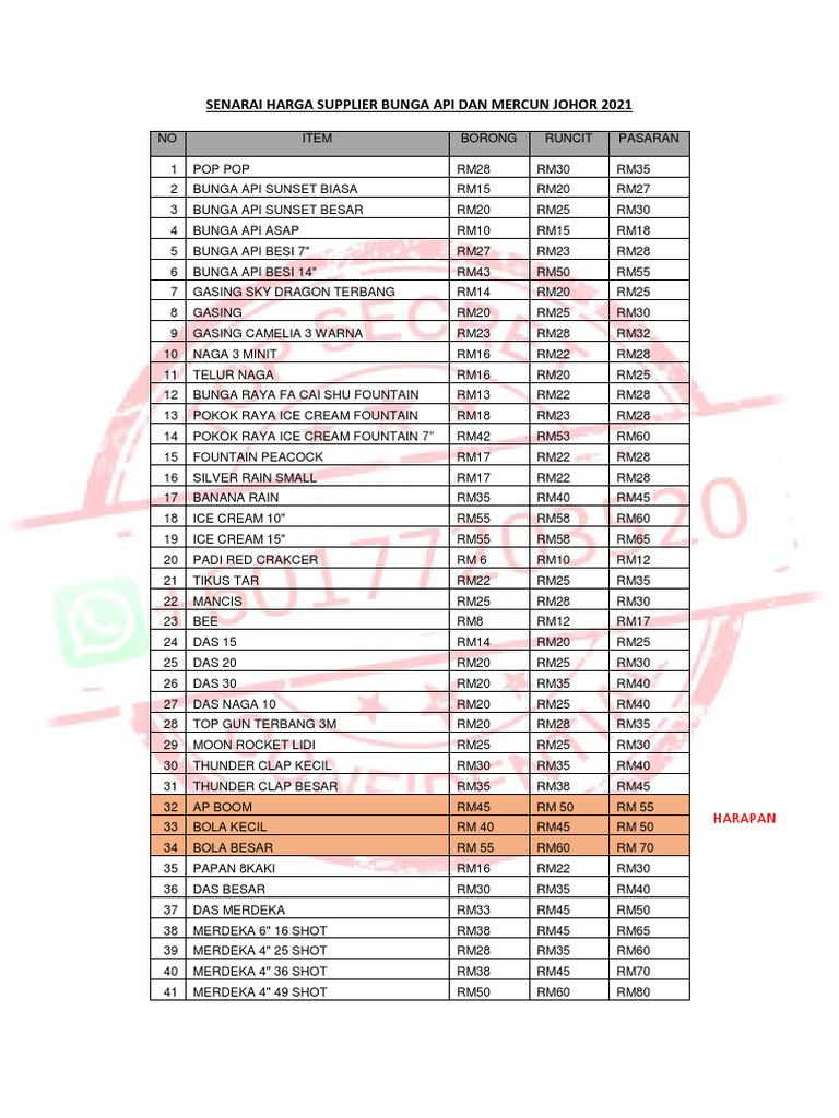 Senarai Harga Supplier Bunga Api Dan Mercun Johor 2021: Harapan | PDF