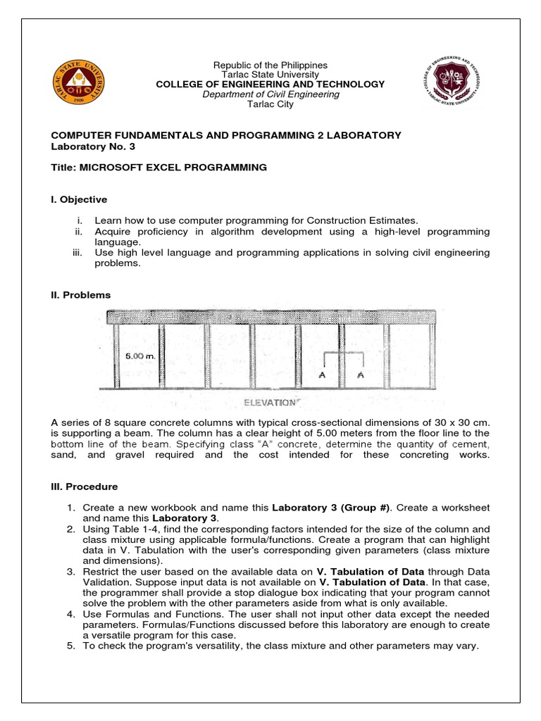 Computer Fundamentals and Programming 2 Laboratory Laboratory No. 3 Title: Microsoft Excel ...