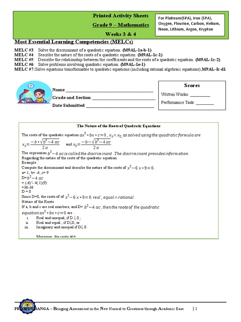 Math g9 WK 3 4 Activity Sheets Regular Spa Final | PDF | Quadratic ...