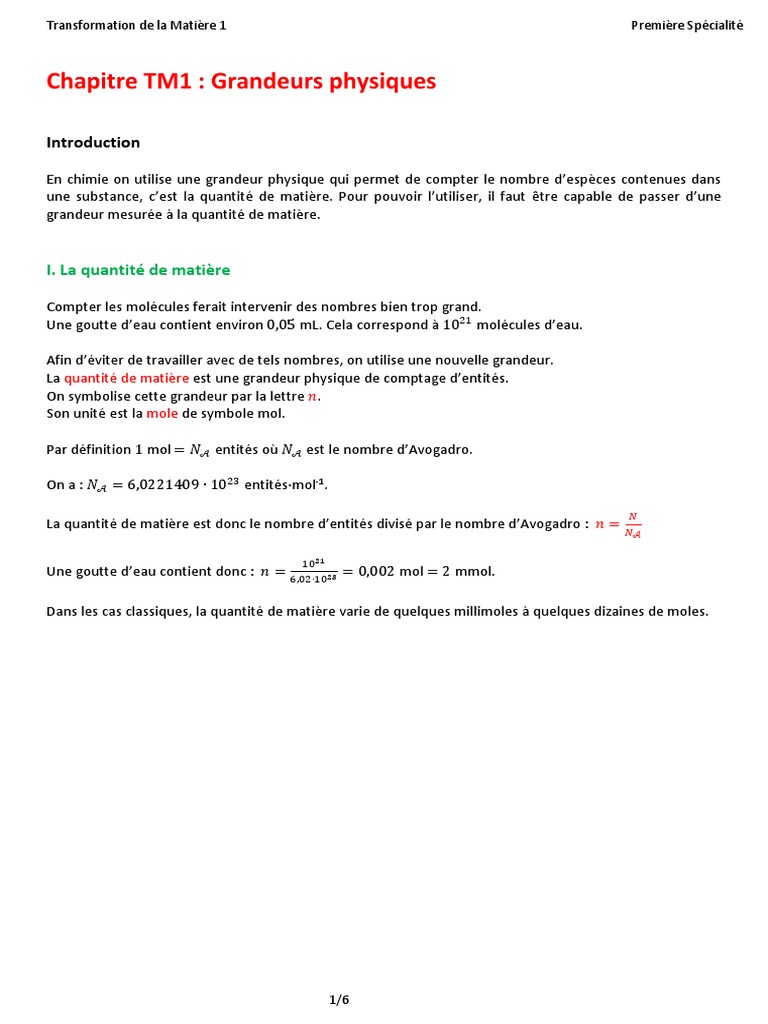 Chap TM1 Grandeurs Physiques | PDF | Concentration molaire | Mole (unité)