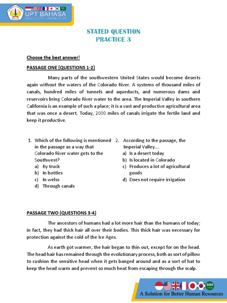 Stated Question Practice 3: Choose The Best Answer! Passage One ...