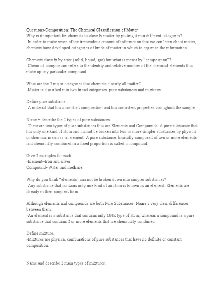 Questions-Composition: The Chemical Classification of Matter | PDF ...
