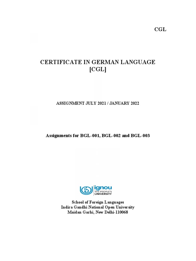 Certificate in German Language (CGL) : Assignments For BGL-001, BGL-002 ...