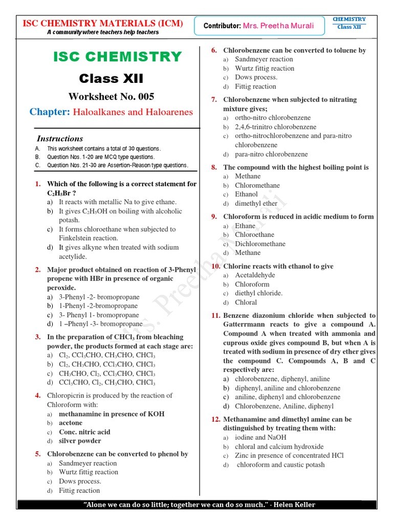 Mrs. Preetha - Haloalkanes and Haloarenes - WS005 | PDF | Chloroform ...