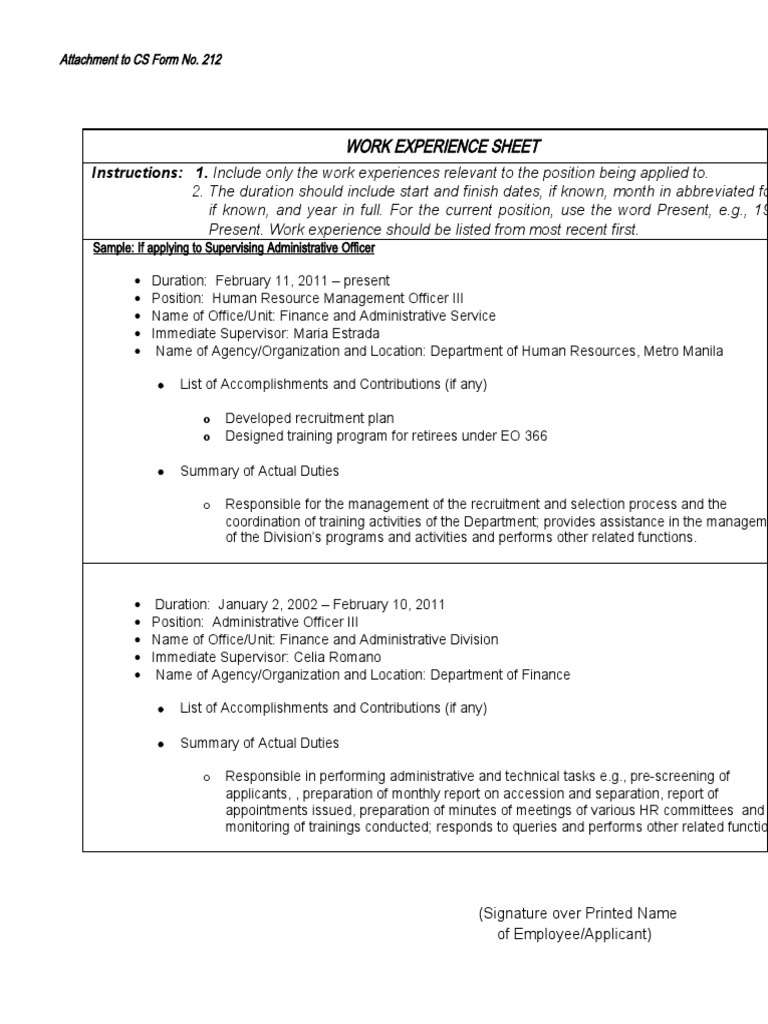 CS Form No. 212 Attachment Work Experience Sheet | PDF | Human ...