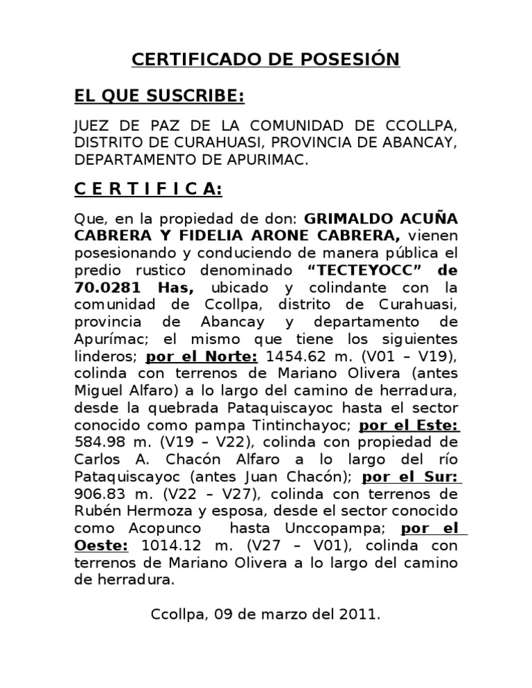 Certificado de Posesión | PDF