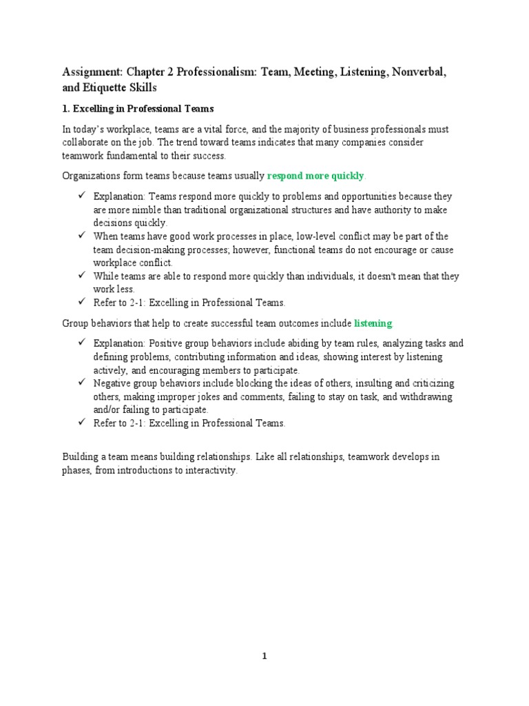 Assignment Chapter 2 Professionalism Team Meeting Listening Nonverbal ...