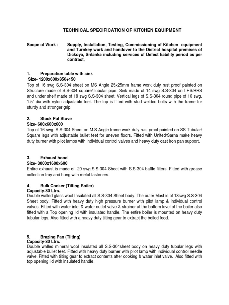 Technical Specification of Kitchen Equipment | PDF | Pipe (Fluid ...