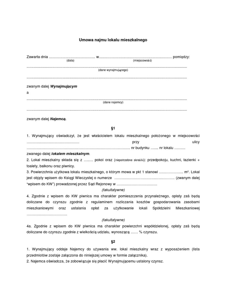 Umowa Najmu Lokalu Mieszkalnego - Wzór | PDF