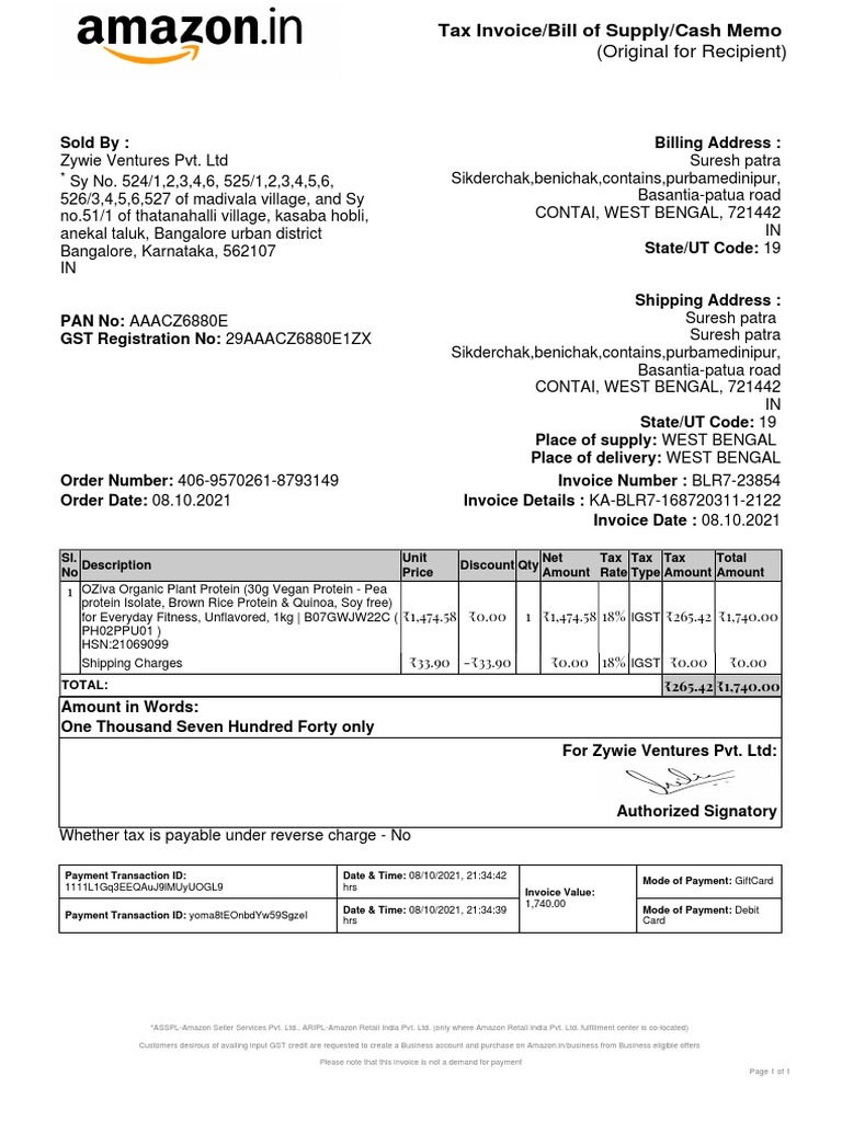 Tax Invoice for the Sale of OZiva Organic Plant Protein and Shipping ...