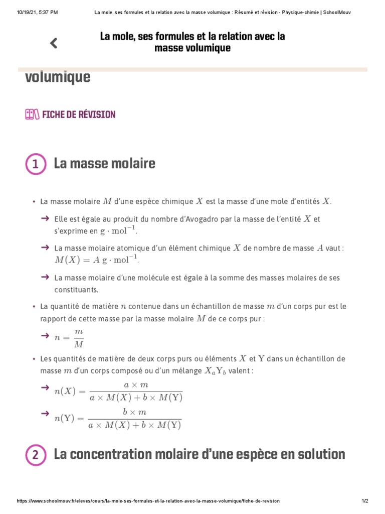La Mole, Ses Formules Et La Relation Avec La Masse Volumique - Résumé ...