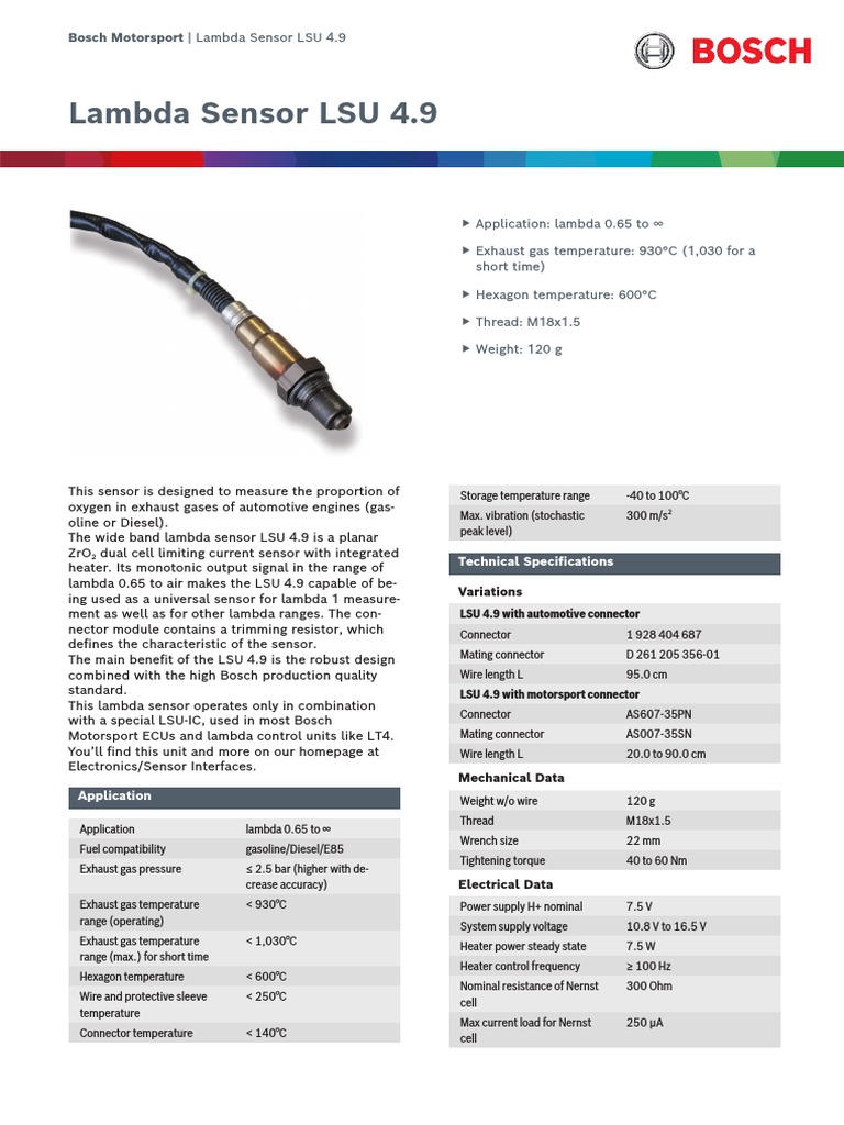 Bosch Motorsport - Lambda Sensor LSU 4.9 | PDF | Electrical Connector ...