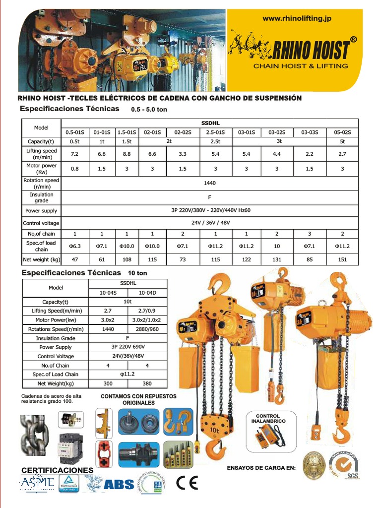 Ficha Técnica Tecle Eléct. Gancho Rhino Hoist | PDF | Vehículo de motor ...