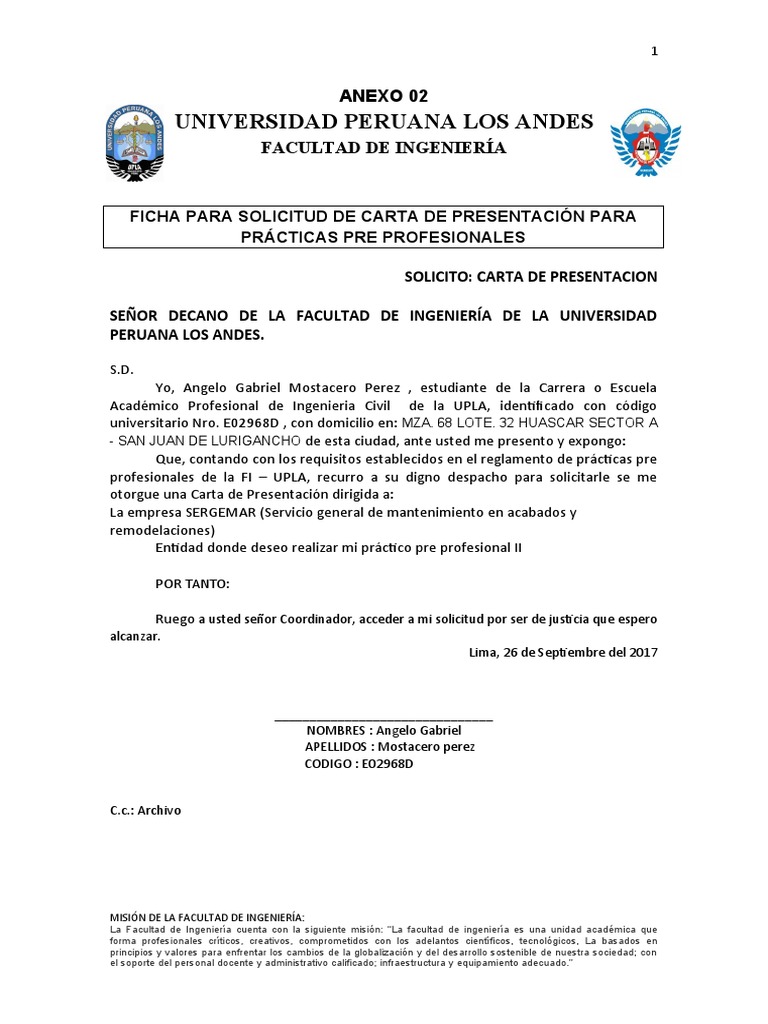 Anexo 02-Ficha para Solicitud de Carta de Presentación para Prácticas Pre Profesionales | PDF ...