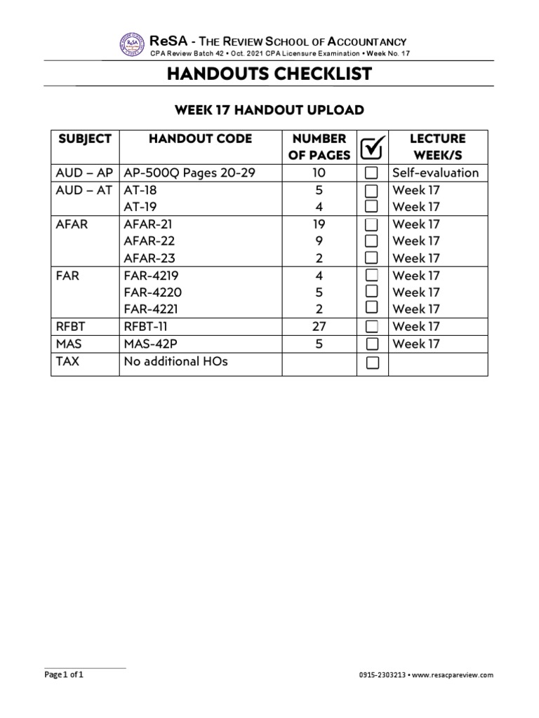 Handouts Checklist: Week 17 Handout Upload | PDF