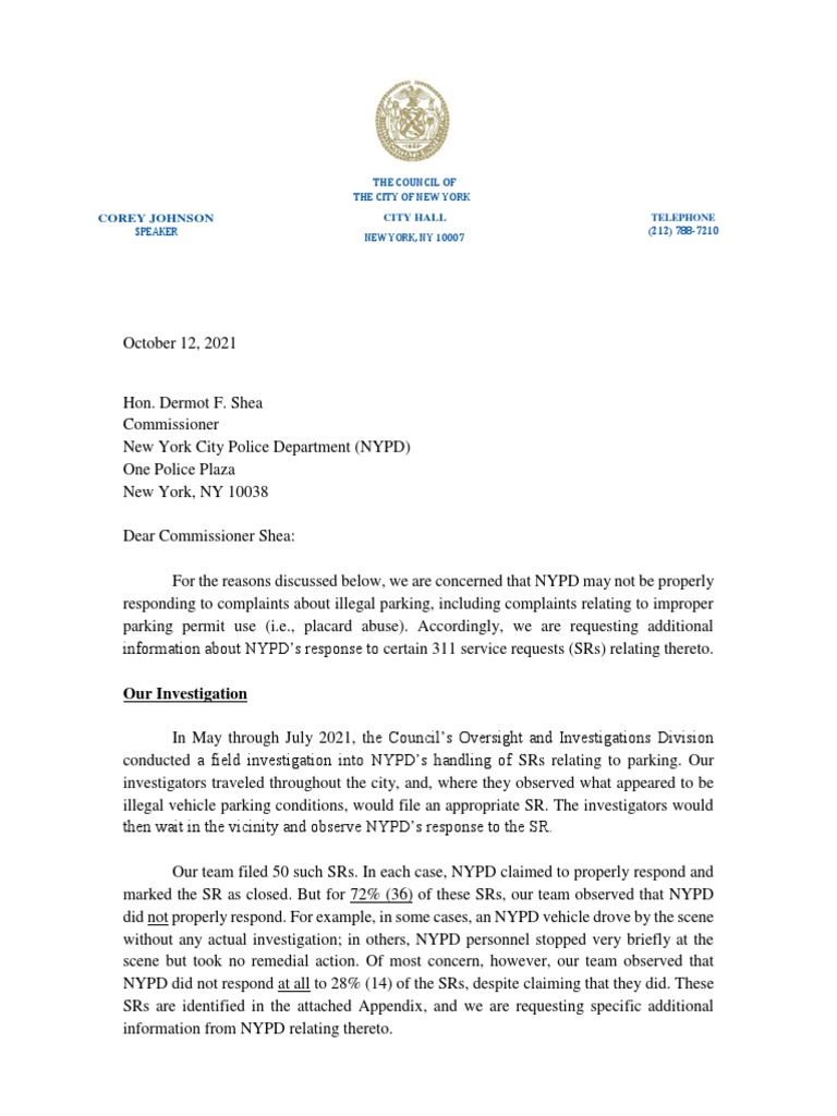 Council Letter To NYPD Commissioner Shea Re 311 | PDF | New York City ...