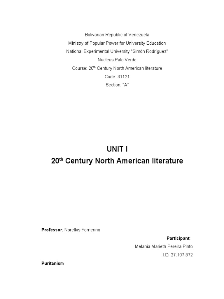 Unit I 20 Century North American Literature: Professor: Norelkis ...