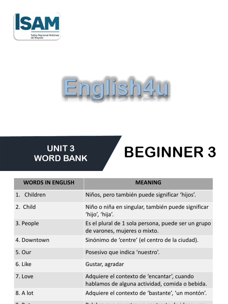 Word Bank Unit 3 | PDF | Plural | Adjective