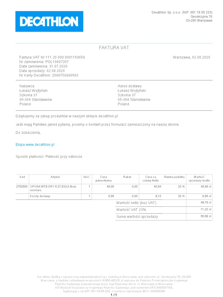 Faktura Vat: Ekipa WWW - Decathlon.pl | PDF