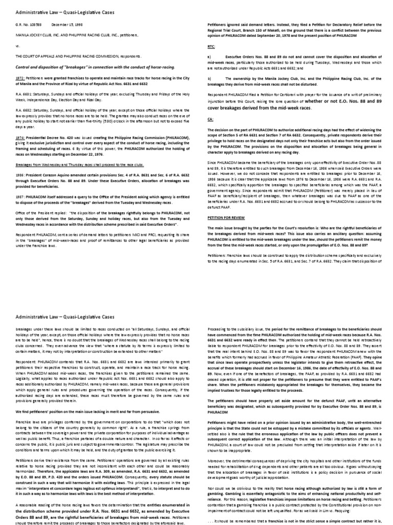 Admin Law - Quasi Legislative Cases | PDF | Demurrer | Public Law
