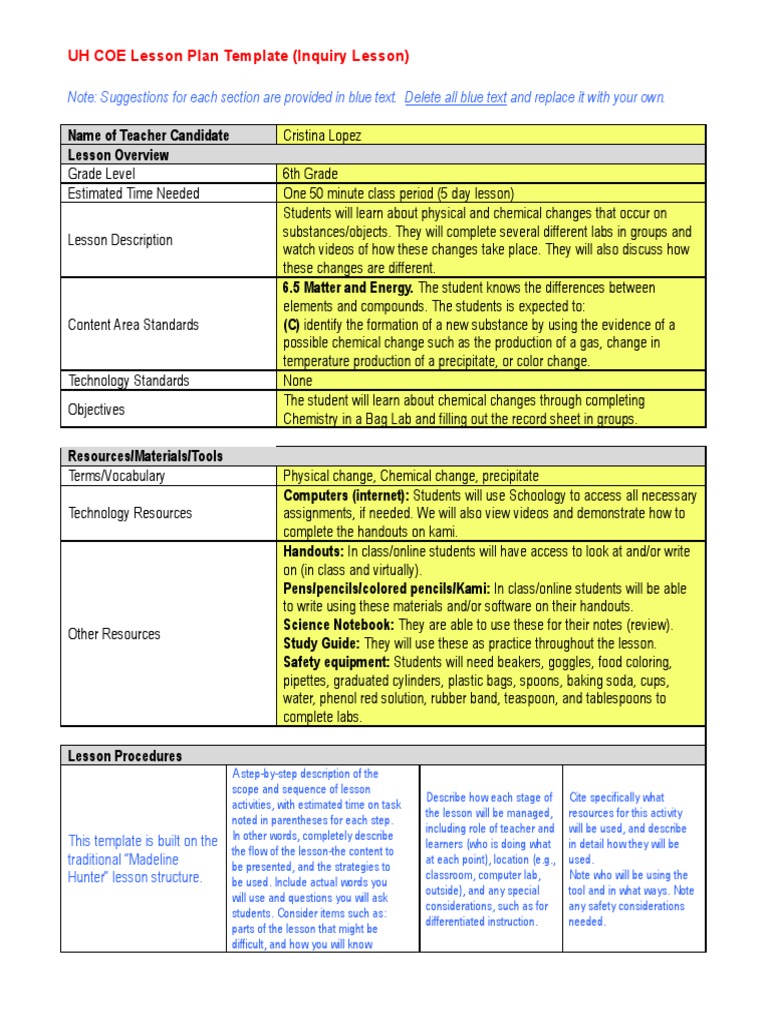 UH COE Lesson Plan Template (Inquiry Lesson) | PDF | Lesson Plan ...