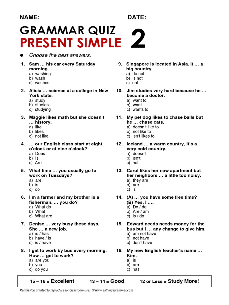 Present Simple: Grammar Quiz | PDF