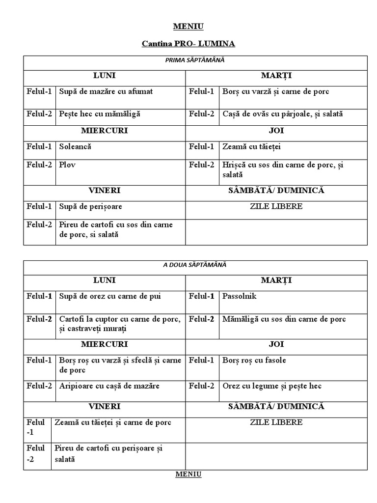 Cantina, Meniu | PDF