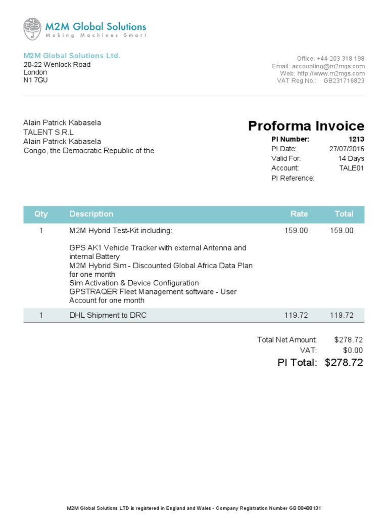 Proforma Invoice: M2M Global Solutions LTD | PDF