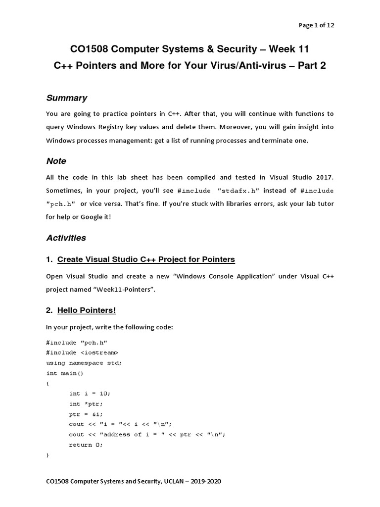 CO1508 Computer Systems & Security - Week 11 C++ Pointers and More For Your Virus/Anti-virus ...