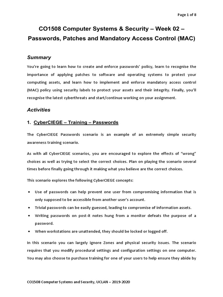CO1508 Computer Systems & Security - Week 02 - Passwords, Patches and Mandatory Access Control ...