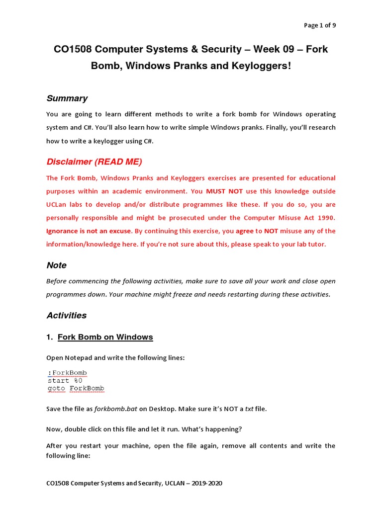 CO1508 Computer Systems & Security - Week 09 - Fork Bomb, Windows ...