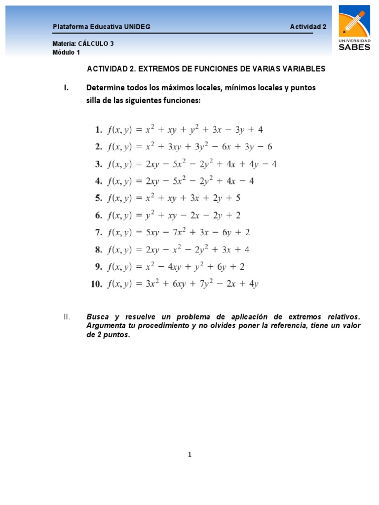 Actividad 2 Extremos de Funciones de Varias Variables | PDF
