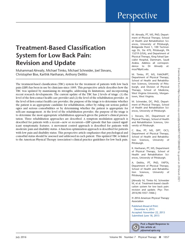 Perspective: Treatment-Based Classification System For Low Back Pain ...