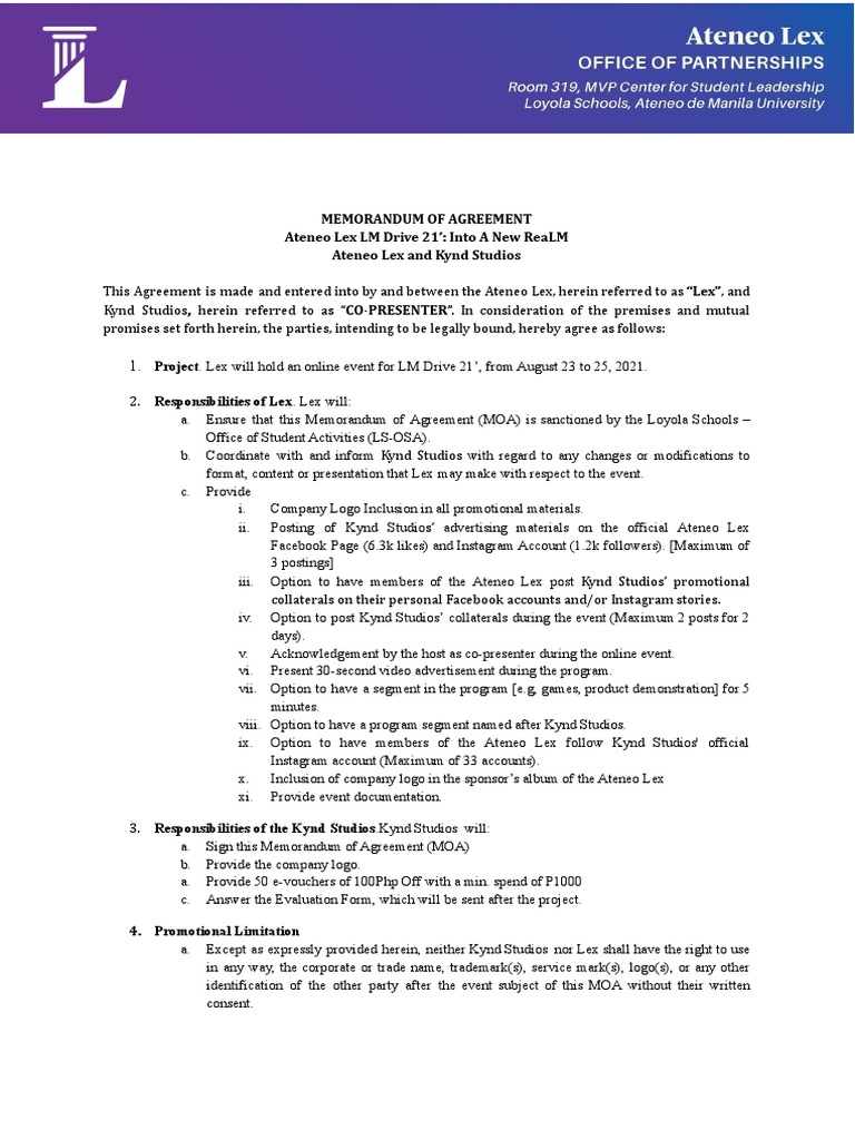 MOA Sample (Only Example Not Real) | PDF | Business Law | Civil Law ...
