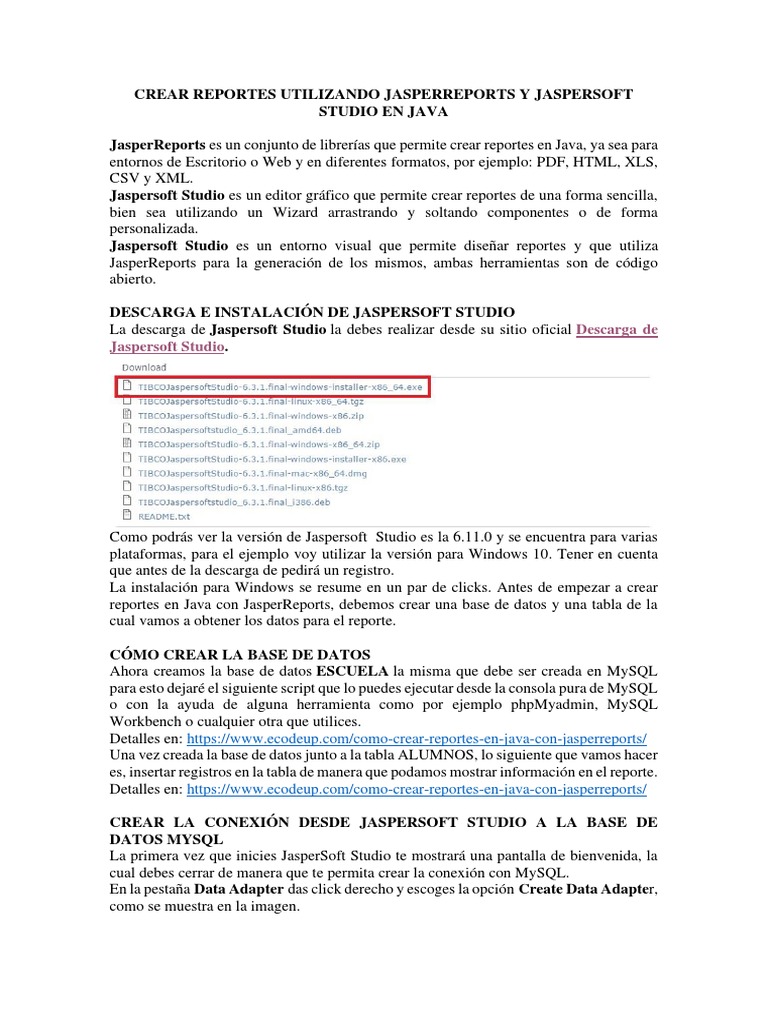 Generando informes interactivos con JasperReports y Jaspersoft Studio en Java | PDF | Mi sql ...