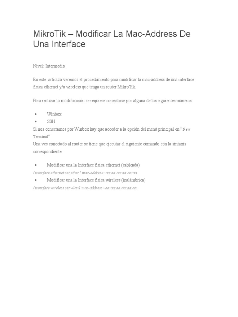 MikroTik - Modificar La Mac-Address de Una Interface | PDF